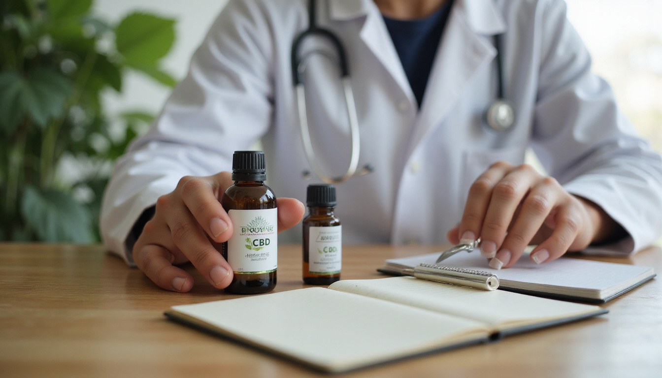 Patient and clinician discussing cannabis tincture bottles, labeled THC/CBD percentages ...