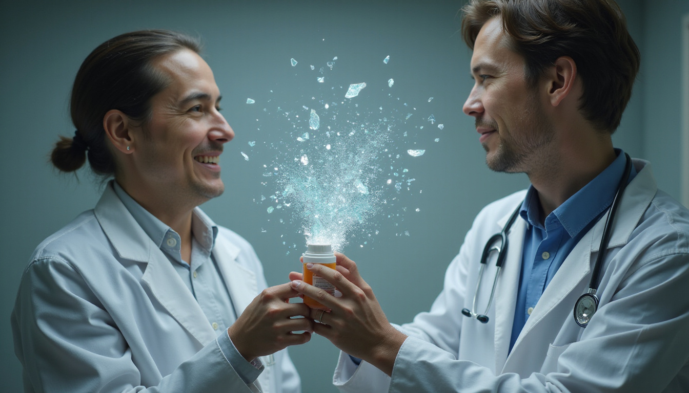 Doctor hands prescription to smiling patient, shattered stigma words ...