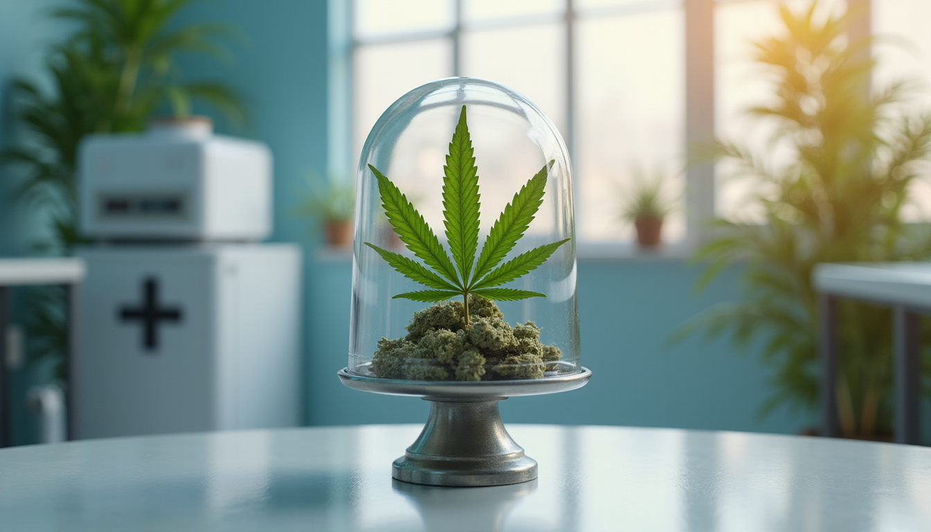 Shielded cannabis plant on balancing scales, medical cross, sterile ...