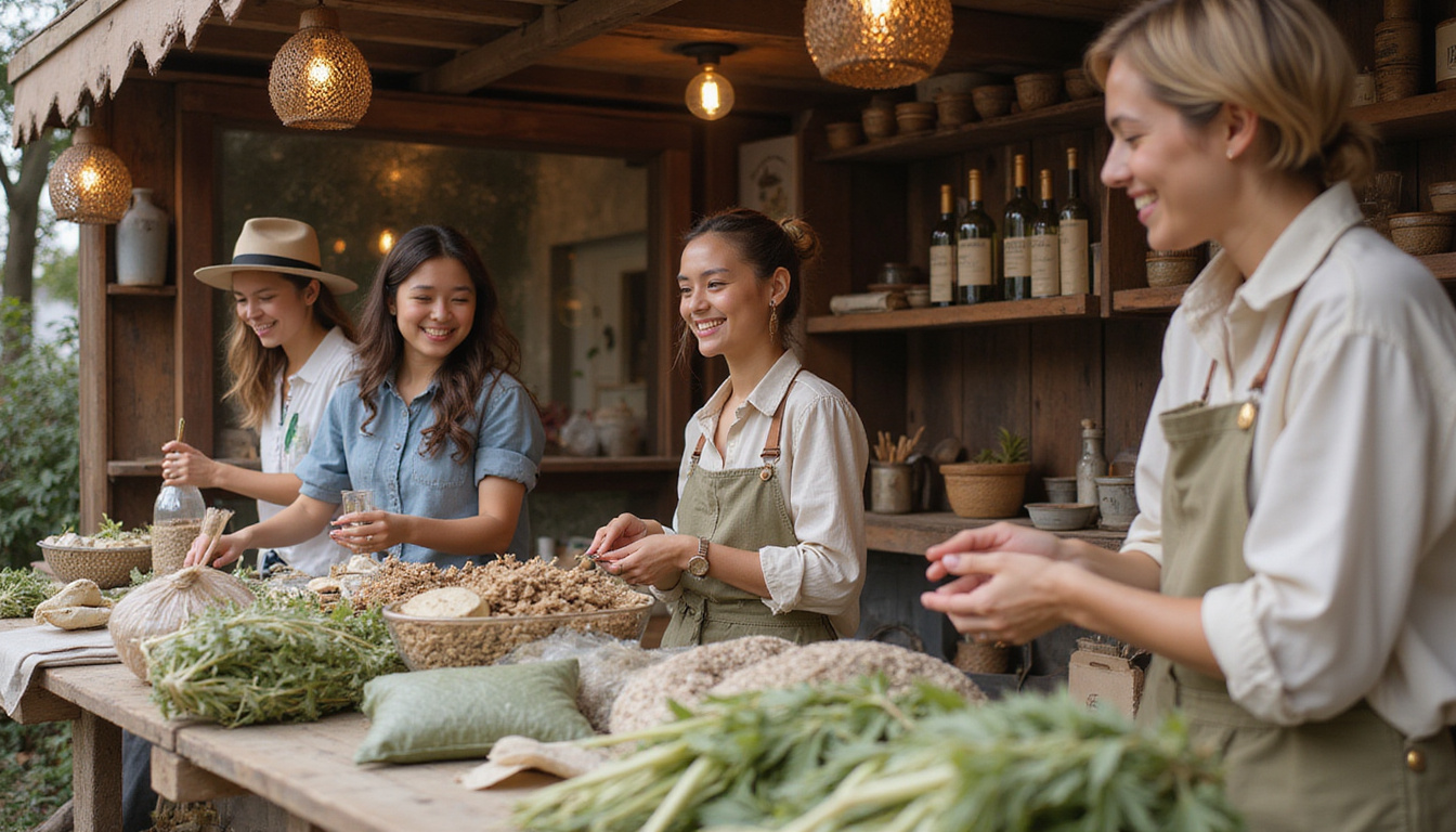 Vibrant market stall displaying upcycled hemp products, rustic ...